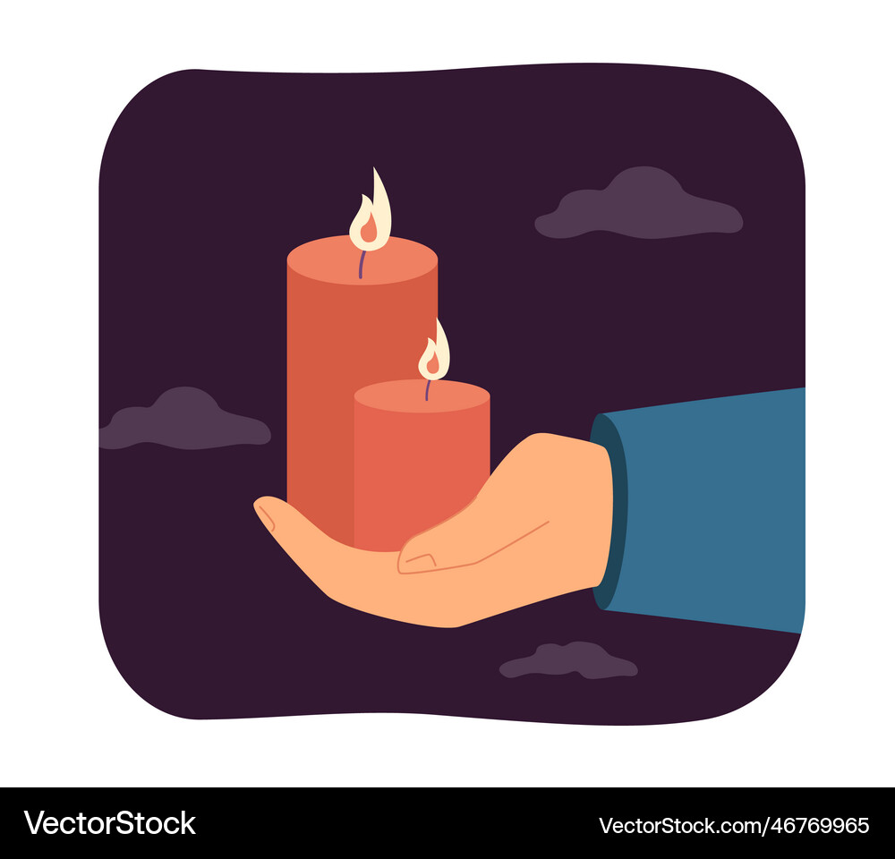 Lit candles in human hands in dark flat Royalty Free Vector