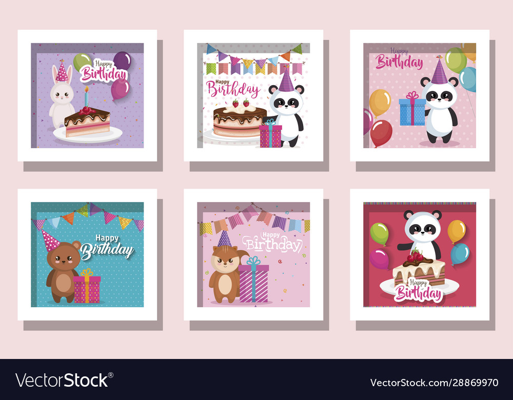 Bundle cards happy birthday with cute animals Vector Image