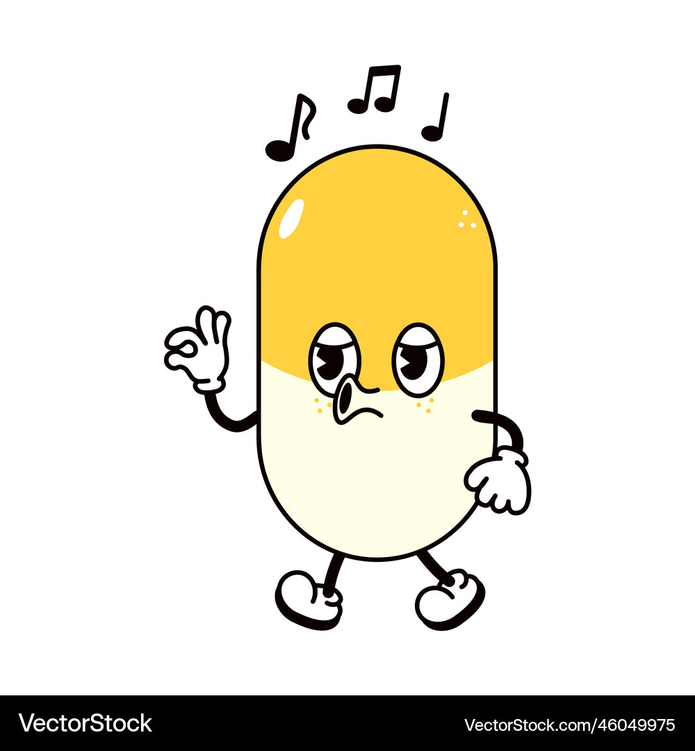 Cute funny pill walking singing character hand Vector Image