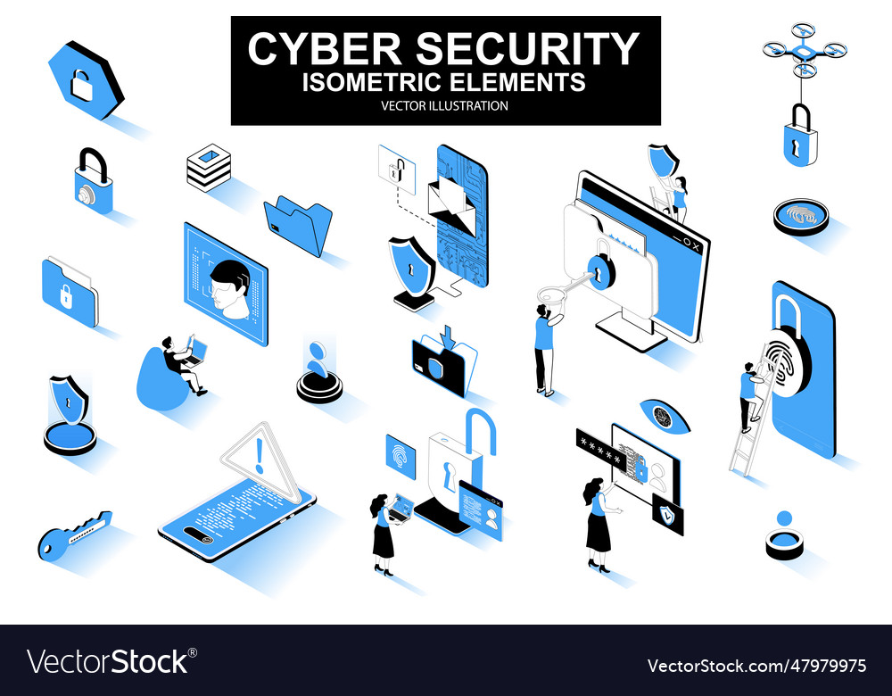 Cyber security bundle of isometric elements Vector Image