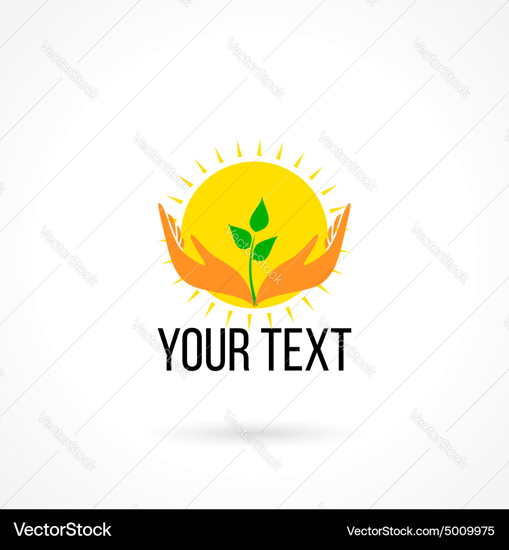Logo with hands sun and plant Royalty Free Vector Image