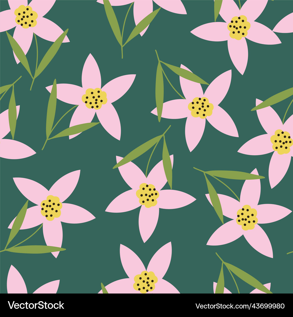 Green with pink whimsical flowers seamless pattern