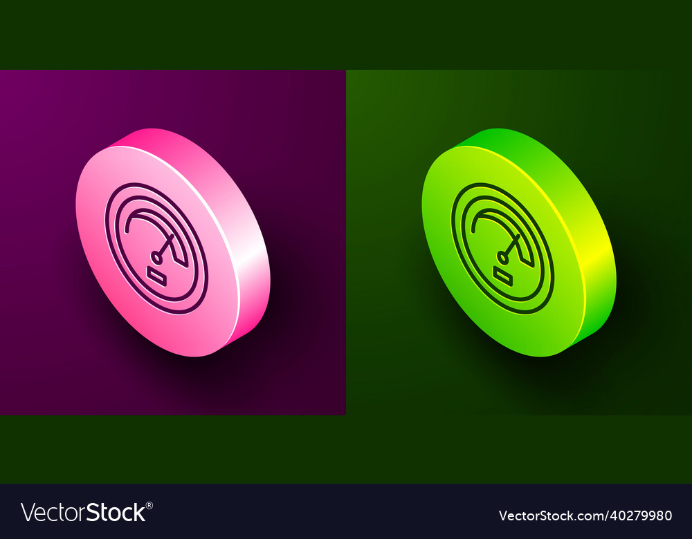 Isometric line speedometer icon isolated on purple Isometric line speedometer icon isolated on purple