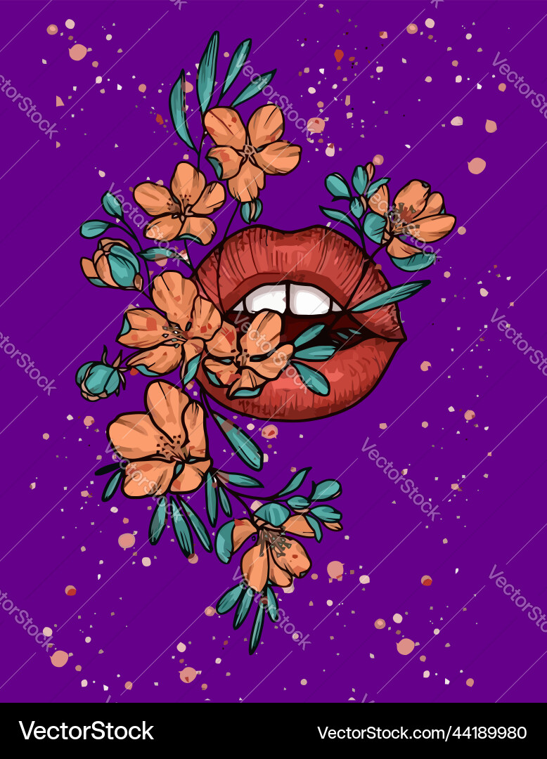 Mouth flowers dripping lips art Royalty Free Vector Image