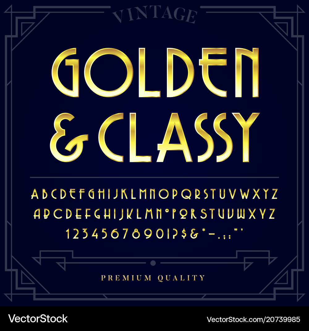 Gold metallic font set letters numbers Royalty Free Vector