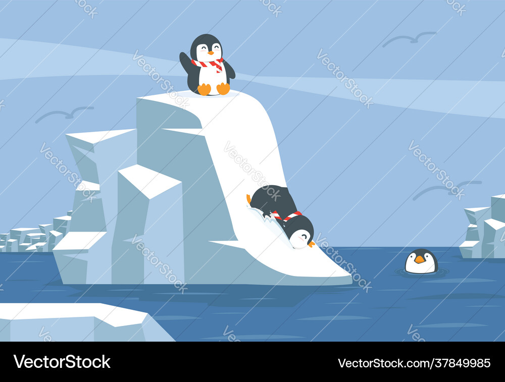 Penguin Sliding Cute Penguin Sliding On Ice Cartoon Cute Penguin