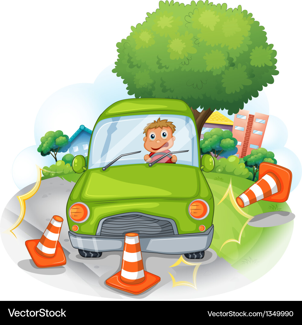 A green car bumping the traffic cones Royalty Free Vector