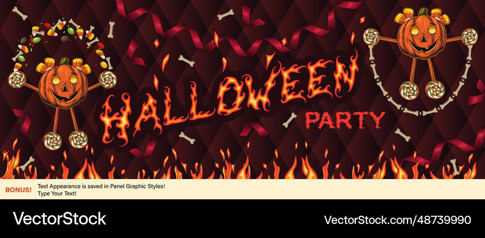 Halloween banner with fire text pumpkin heads Vector Image