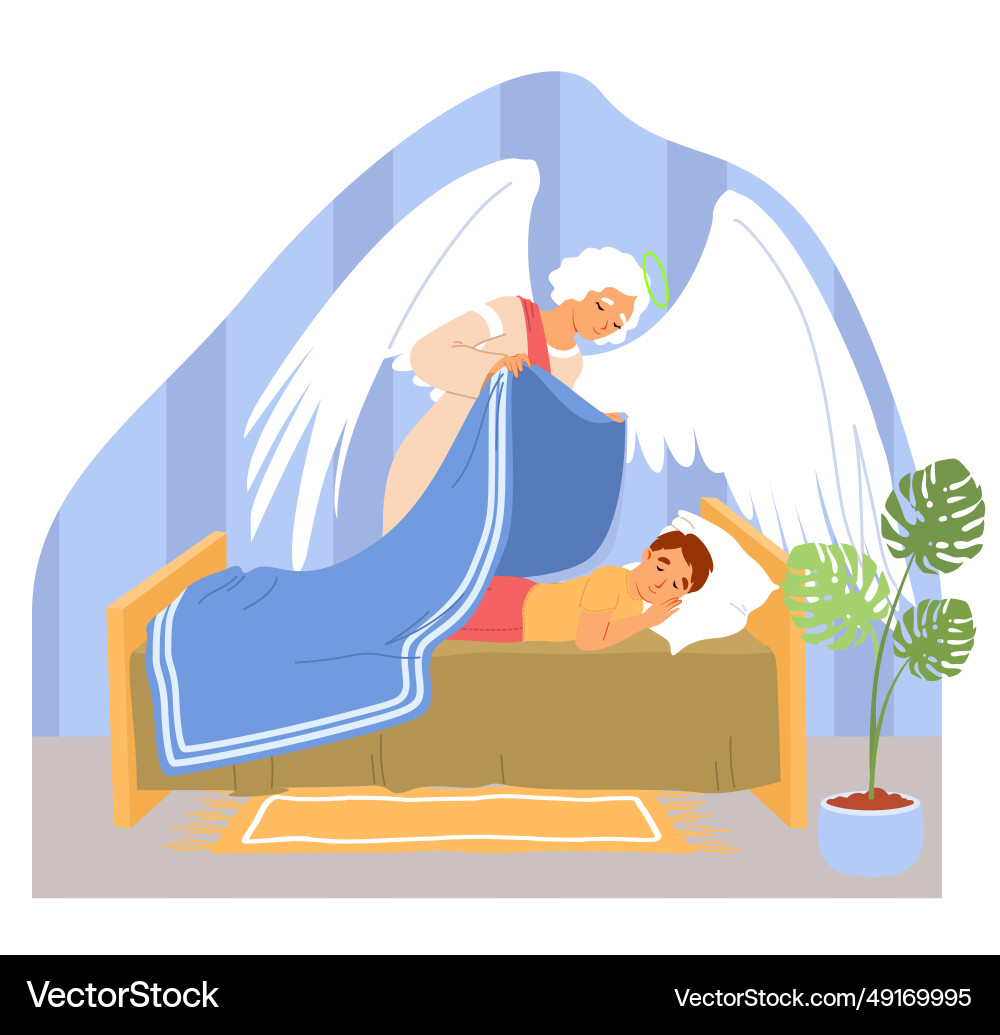 Angel keeper with wings caring for sleeping boy Vector Image