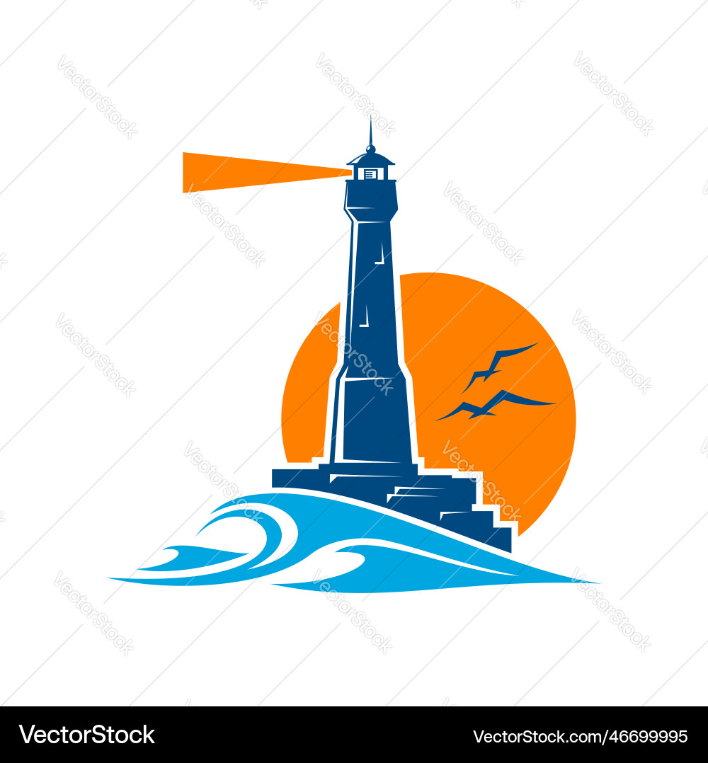 Lighthouse building and beacon on rock icon Vector Image