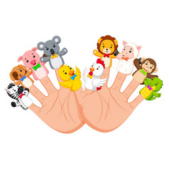 Hand wearing 5 animal finger puppets Royalty Free Vector