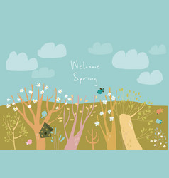 Cartoon frame with spring forest and birds Vector Image
