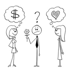 Cartoon man considering or balancing love and Vector Image