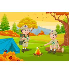 Cartoon scout with tent and camp fire Royalty Free Vector