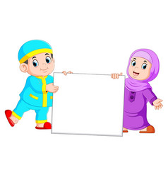 Collection muslim kids holding big blank sign Vector Image