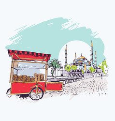 Digital blue mosque and simit vendor cart Vector Image