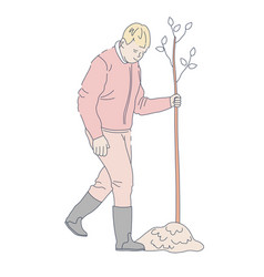 Young man cultivating plant guy working in garden Vector Image