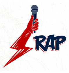 Rap music logo or emblem with microphone in hand Vector Image