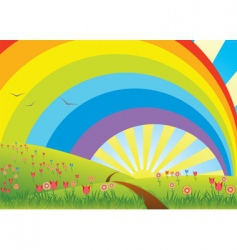 Landscape with sun and rainbow Royalty Free Vector Image