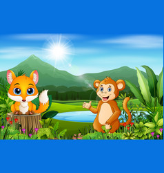 Happy animals cartoon on nature scene Royalty Free Vector