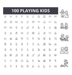Kids playing editable line icons 100 set Vector Image