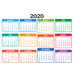 Yearly calendar 2020 week starts from monday Vector Image