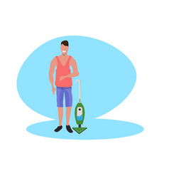 Young man cleaning carpet with vacuum cleaner Vector Image