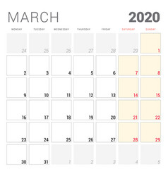 March 2020 monthly calendar planner printable Vector Image