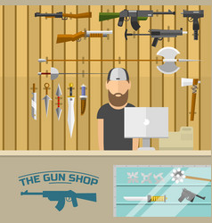 Weapon banner with men choosing gun and shooting Vector Image