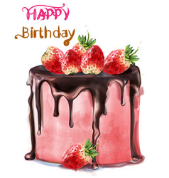Strawberry birthday cake watercolor happy Vector Image