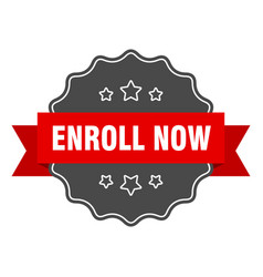 Enroll now 3d gold badge with red ribbon Vector Image