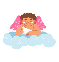 Excited angel boy sitting on clouds on havens Vector Image