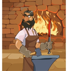 Cartoon male blacksmith forges a sword in smithy Vector Image