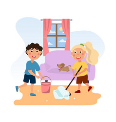 Kid characters cleaning room and doing household Vector Image