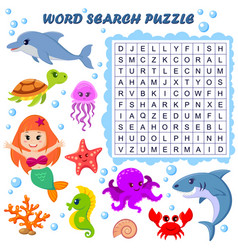 Word search puzzle sea animals education game Vector Image