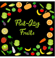 Flat-lay healthy mix fruits on black background Vector Image