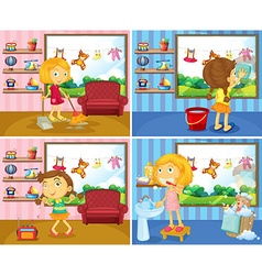 Kid characters cleaning room and doing household Vector Image
