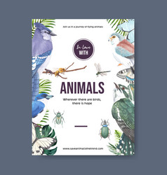 Insect and bird poster design with branch Vector Image