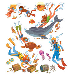 Children snorkeling set funny cartoon character Vector Image