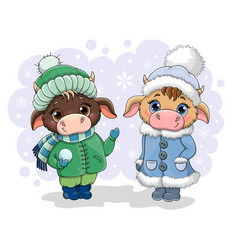 Cute little cartoon cow in winter snow Royalty Free Vector