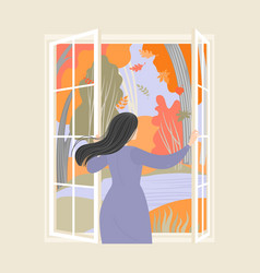 Cute girl sitting near window and drinking tea Vector Image