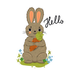 White little bunny holding big carrot cute rabbit Vector Image