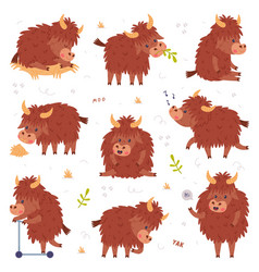 Cute yak character with dense fur and horns riding