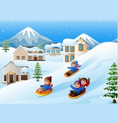 Cartoon kids playing in the snow Royalty Free Vector Image