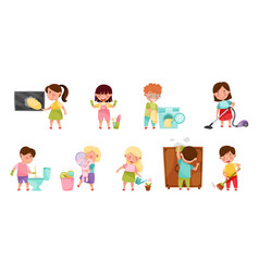 Kid characters cleaning room and doing household Vector Image