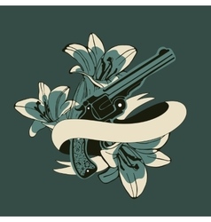 Classic revolvers and lilly flowers emblem Vector Image