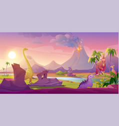 Two dinosaurs and volcano eruption Royalty Free Vector Image