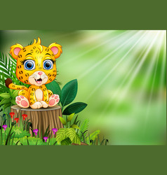 Cartoon happy baby leopard sitting on tree stump w