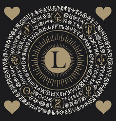 Banner with red heart and old magic symbols Vector Image