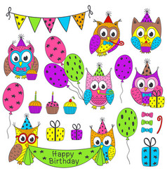 Birthday party owls set Royalty Free Vector Image